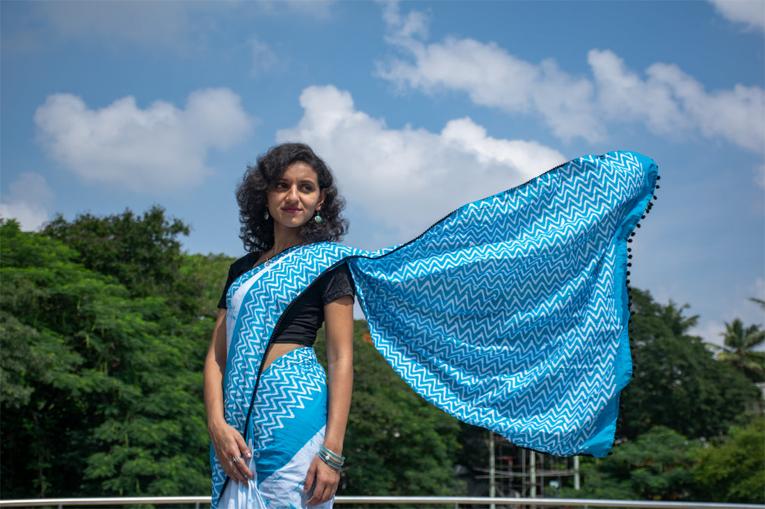 Heavenly Hues: Jaipuri Cotton Saree in White and Sky Blue Harmony - TC ...