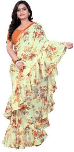 Floral Printed Orange Ruffle Saree-RS015 – Fashionous