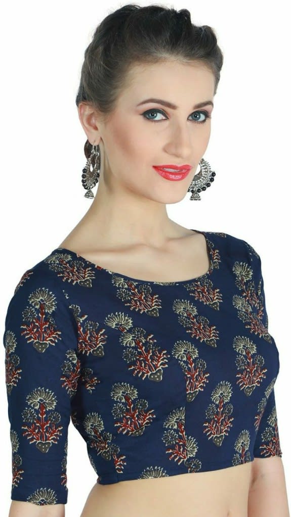 Navy Blue Floral Printed Readymade Blouse – Fashionous